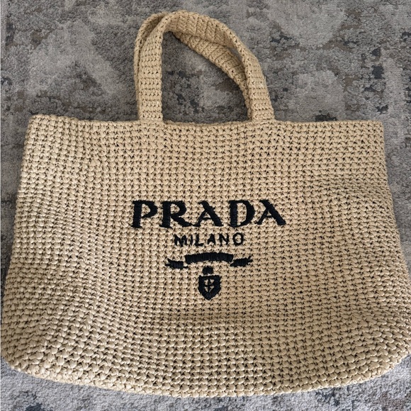 Prada | Bags | Authentic Prada Logo Striped Raffia Shoulder Bag | Poshmark